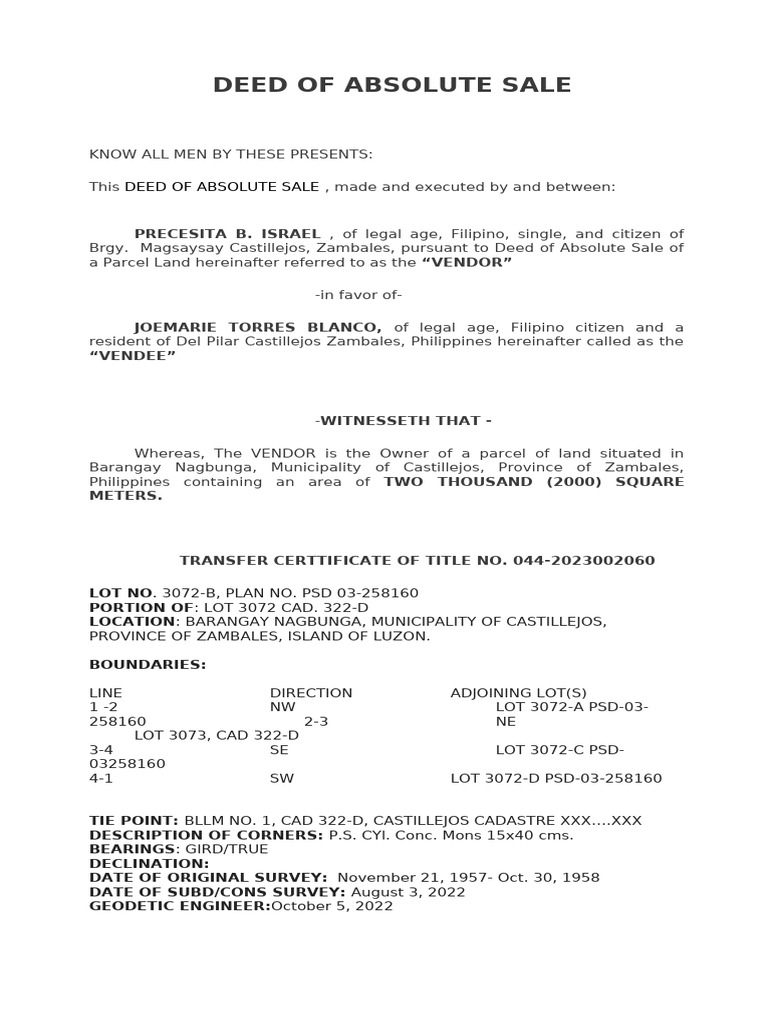 Deed of Absolute Sale - AJomar | PDF | Civil Law (Common Law)