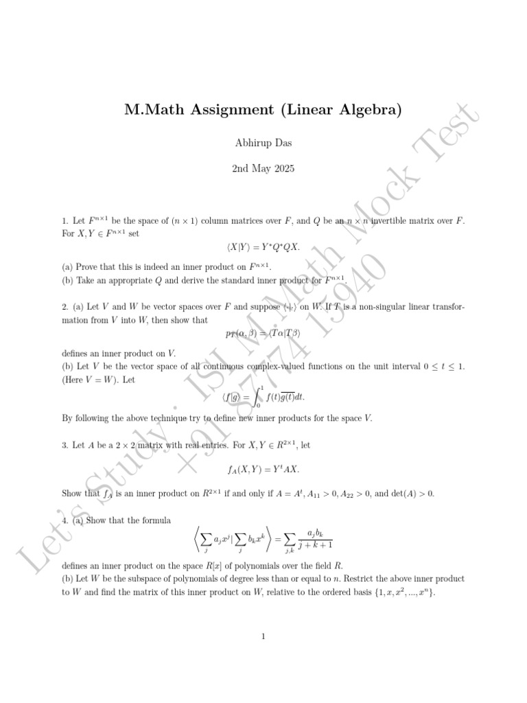M Math Linear Algebra Assignment | PDF | Matrix (Mathematics) | Matrix ...