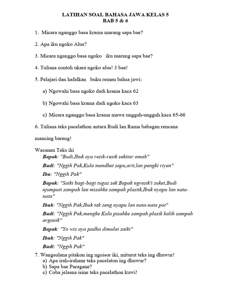 Latihan Soal Bahasa Jawa Kelas 5 | PDF