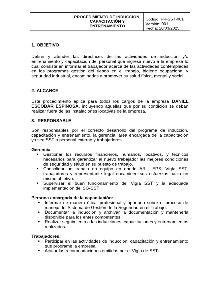 Anexo 17. Procedimiento de Inducción, Capacitación y Entrenamiento | PDF | Business | Higiene ...