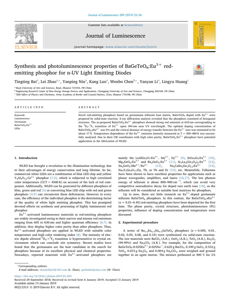 Synthesis and Photoluminescence Properties of BaGeTeO6 - Eu3+ Red-Emitting Phosphor For N-UV ...