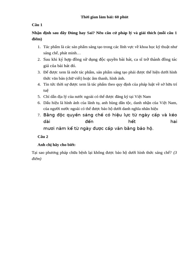 Đề thi giữa kì luật SHTT | PDF