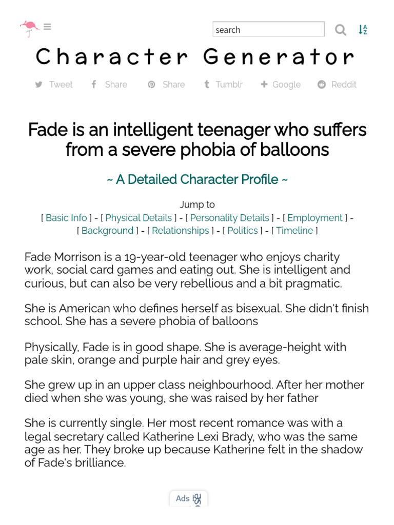 Fade is an intelligent teenager who suffers from a severe phobia of balloons _ Character ...