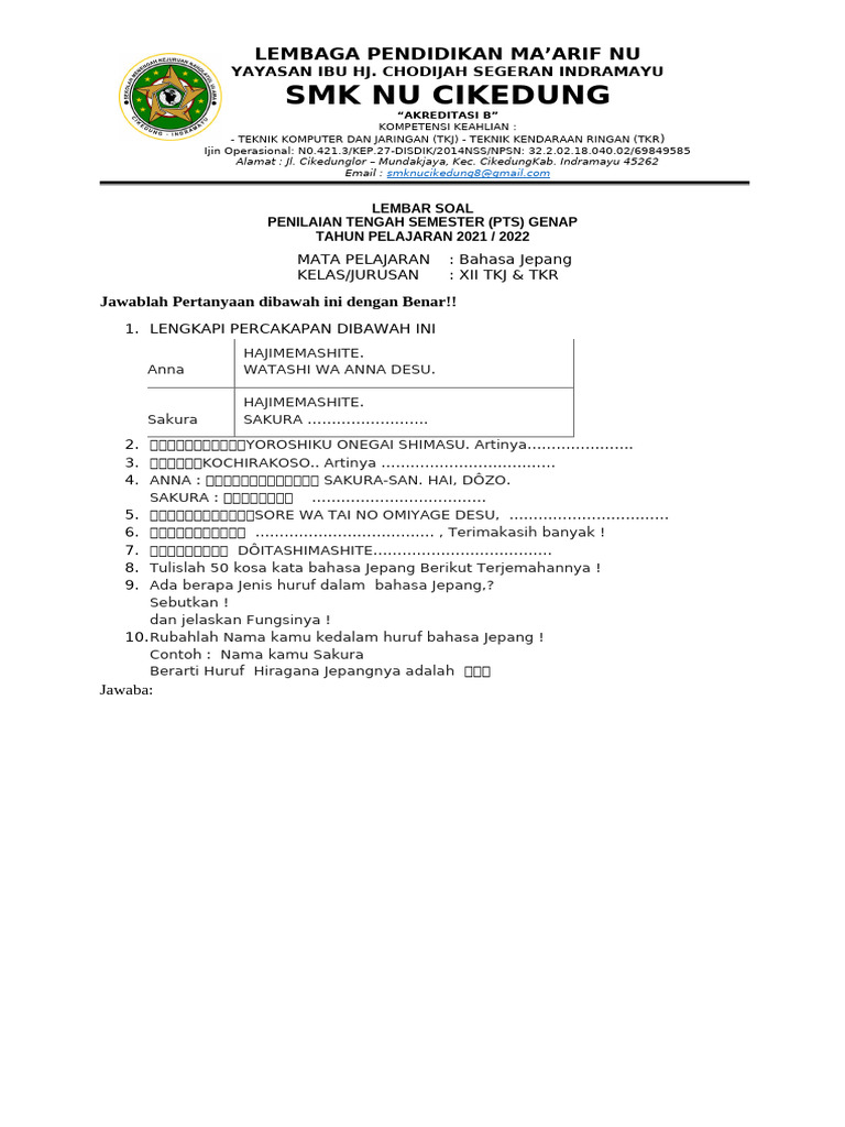 Soal PTS Bahasa Jepang Kelas Xii | PDF