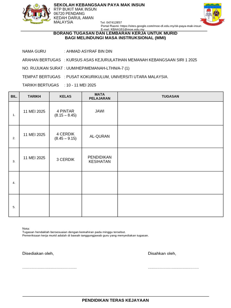 Borang Tugasan Dan Lembaran Kerja Untuk Murid Bagi Mmi Asyraf | PDF