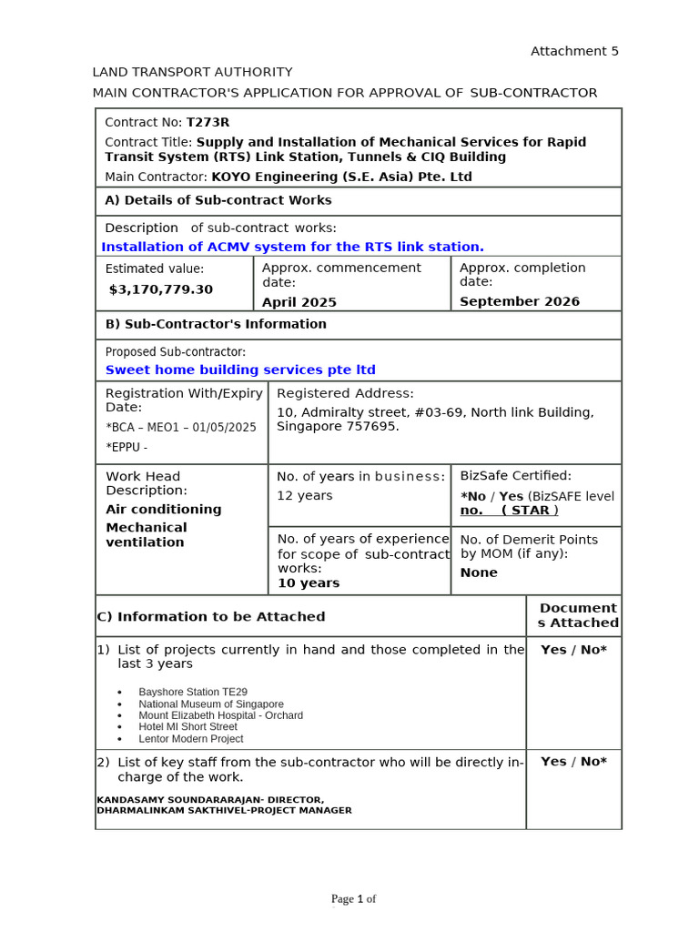 Application For Approval of Sub-Contractor | PDF