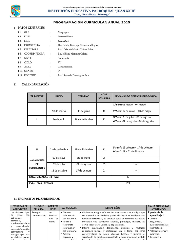 Formato - Pca - 2025 5o Sec | PDF | Aprendizaje | Falacia