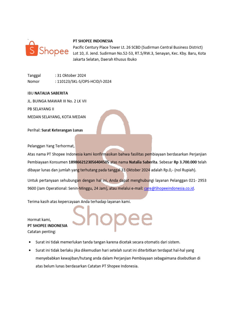 Surat Pelunasan Shopee | PDF