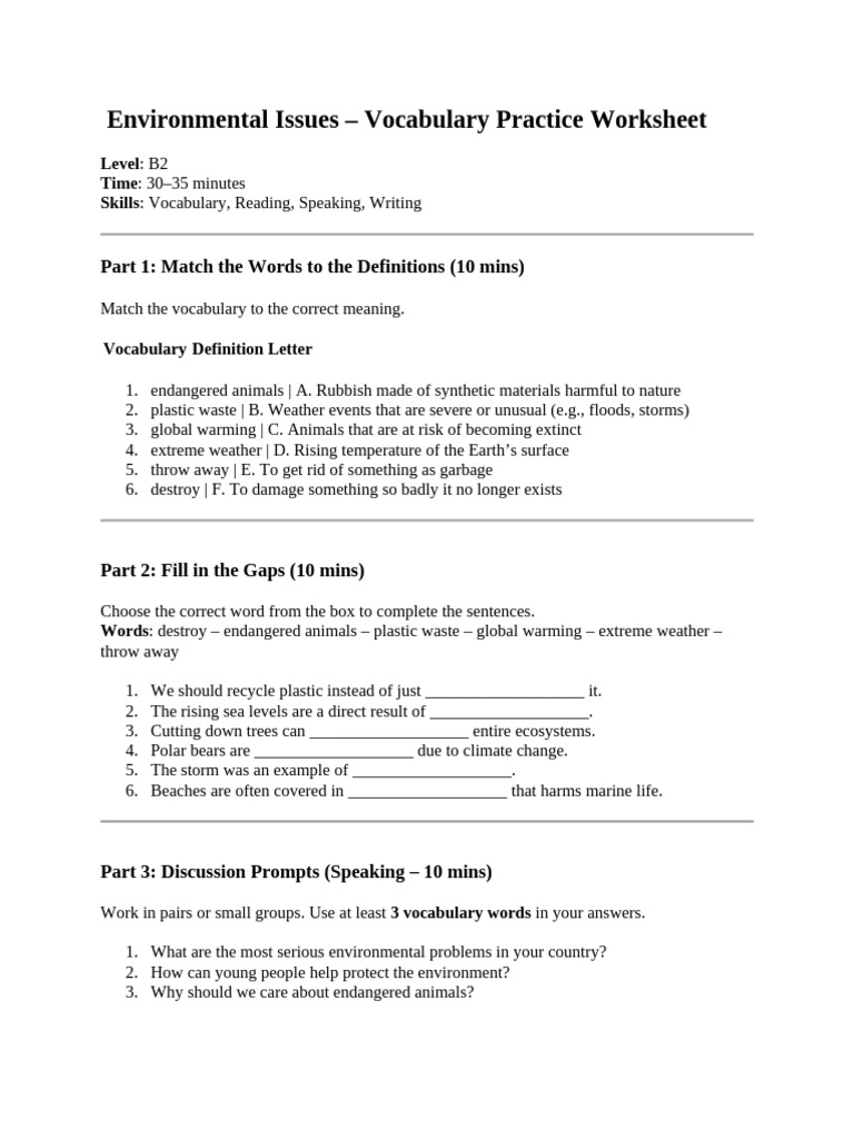 Environmental Issues - Worksheet To Practice Vocabulary | PDF