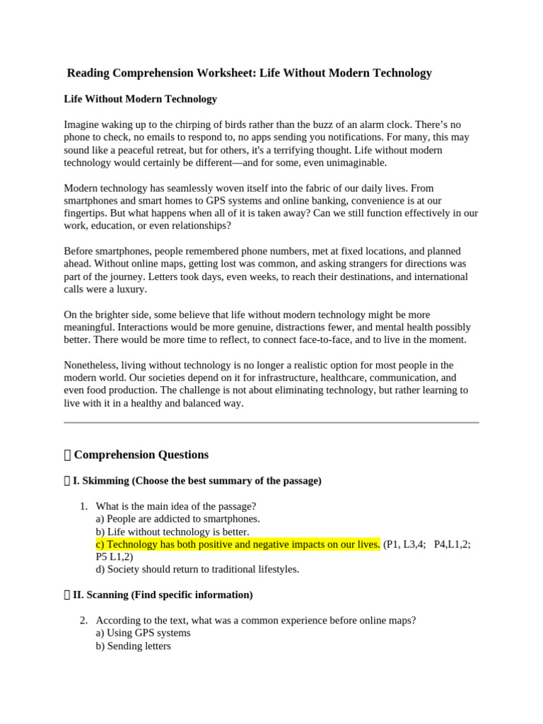Reading Comprehension Worksheet-Life Without Modern Technology | PDF ...