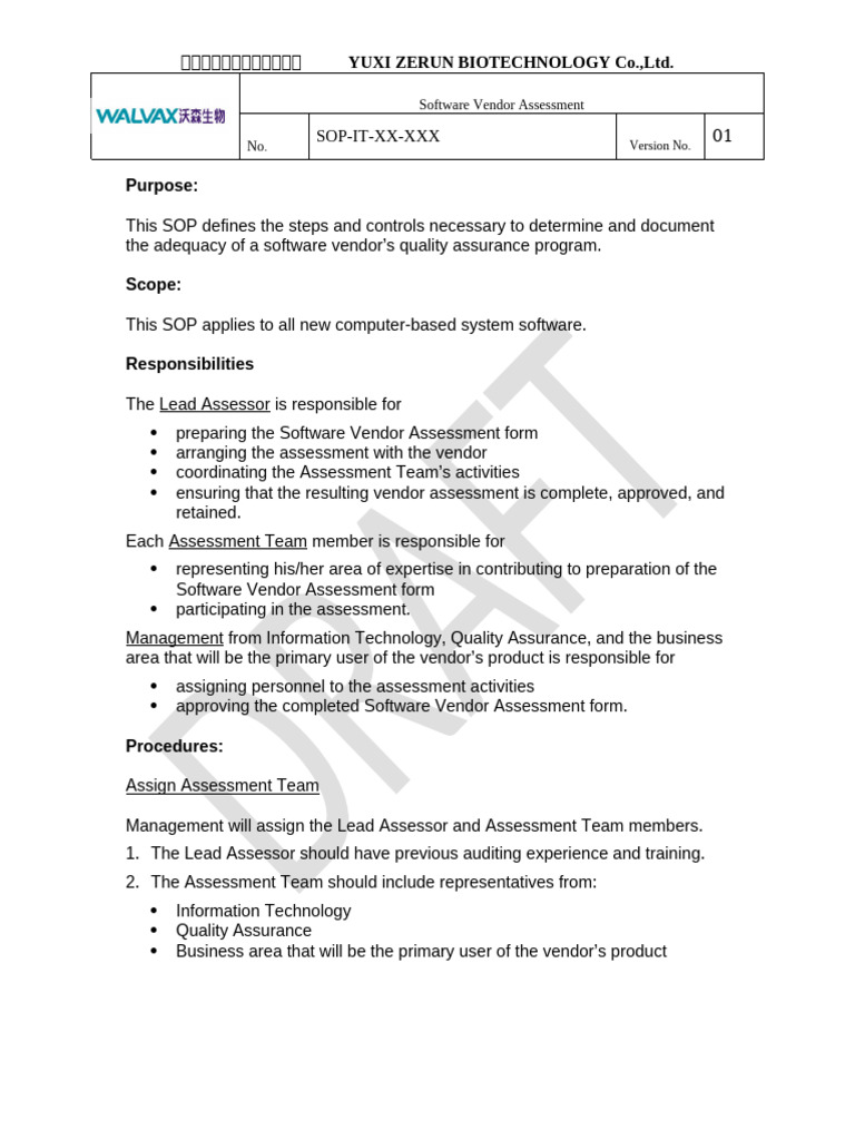 SOP SoftwareVendorAssessment 200806231 | PDF | Software | Business