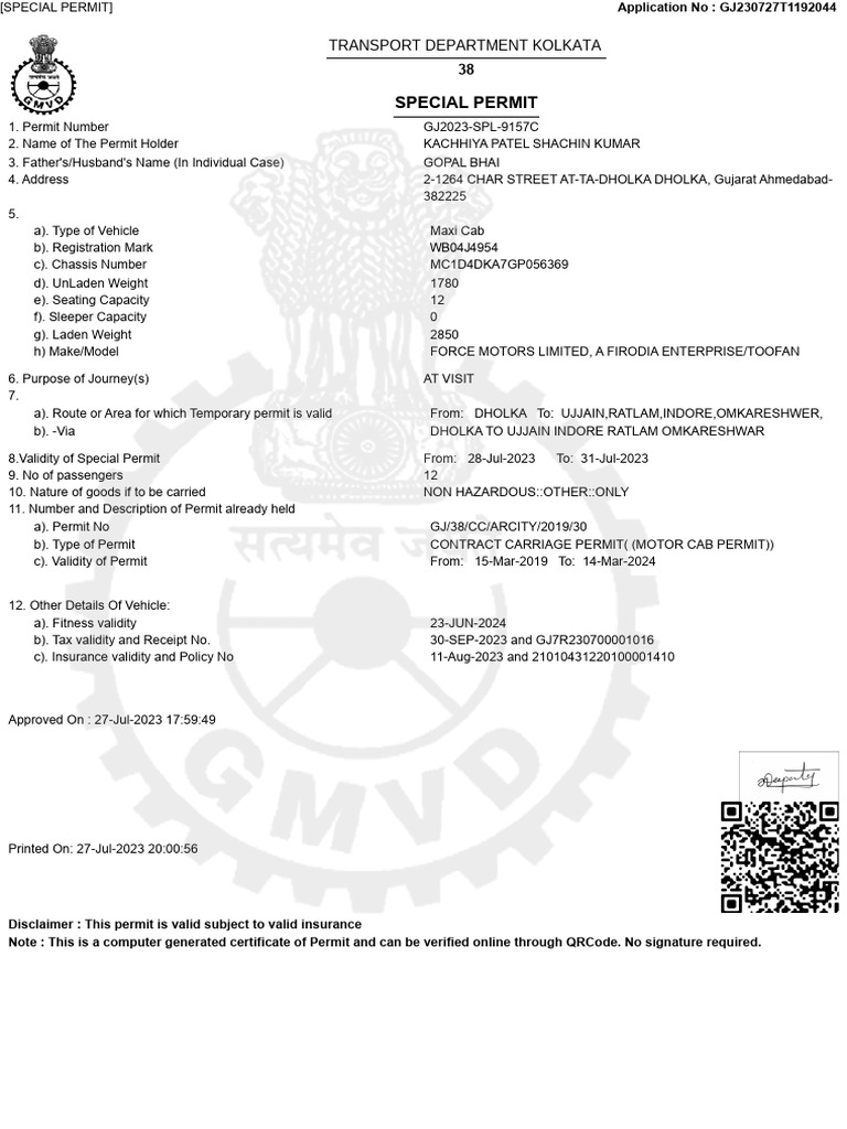 Special Permit Print | PDF | Land Transport | Land Vehicles