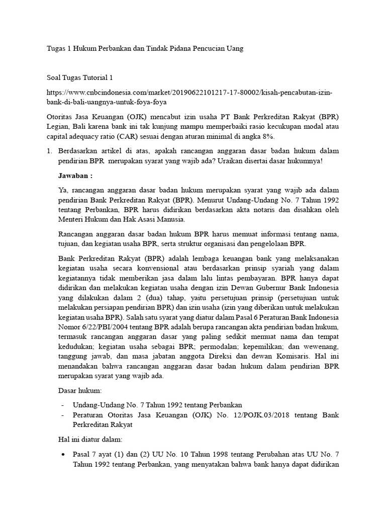Tugas 1 Hukum Perbankan Dan Tindak Pidana Pencucian Uang | PDF