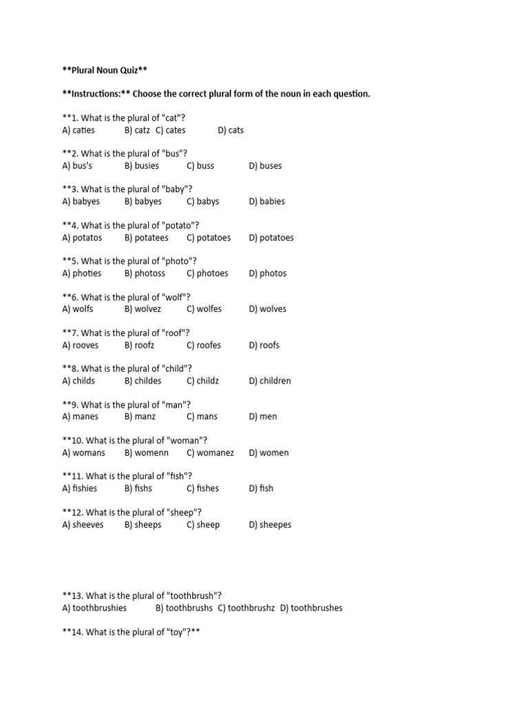 Plural Noun Quiz | PDF