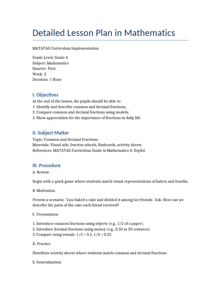 Grade4 Math LessonPlan Fractions | PDF