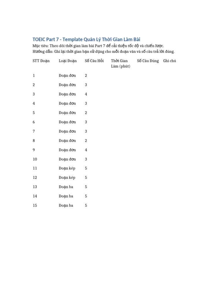 TOEIC Part7 Tracking Template | PDF