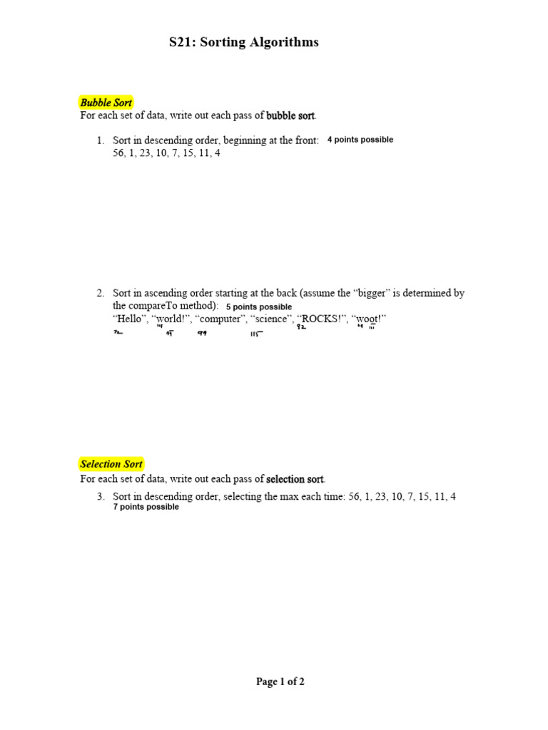 S21 Sorting Algorithms Activity-1 | PDF | Computer Programming ...