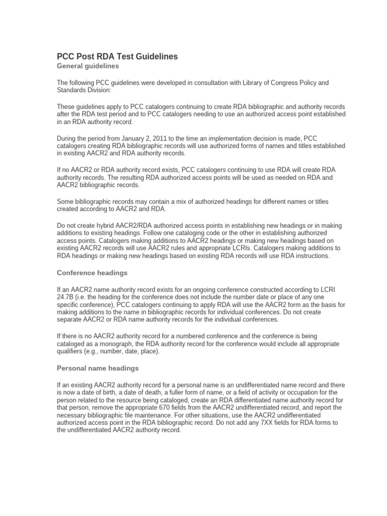 PCC Post RDA Test Guidelines | PDF | Metadata | Information Science