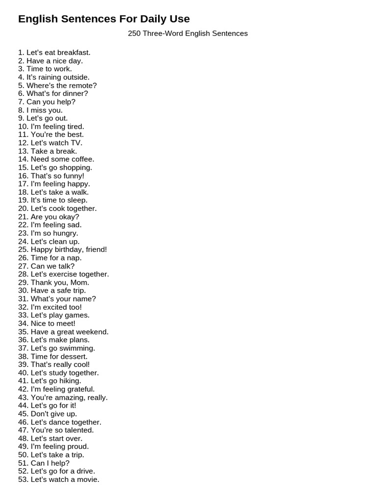 250 Three-Word English Sentences | PDF
