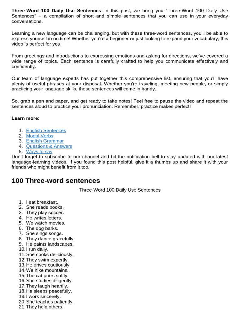 100 Daily Use Three-Word Sentences | PDF | English Language | Linguistics