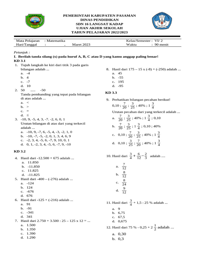 SOAL UAS MTK 2023 | PDF
