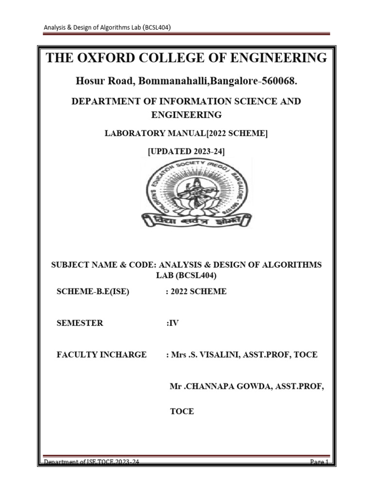 ADA Lab Manual Updated 2023-24 | PDF | Combinatorics | Mathematical Relations