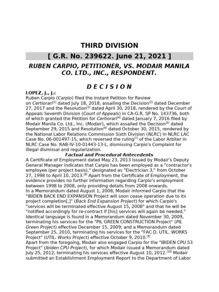 Ruben Carpio vs. Modair Manila Co. LTD | PDF | Employment | Labour Law