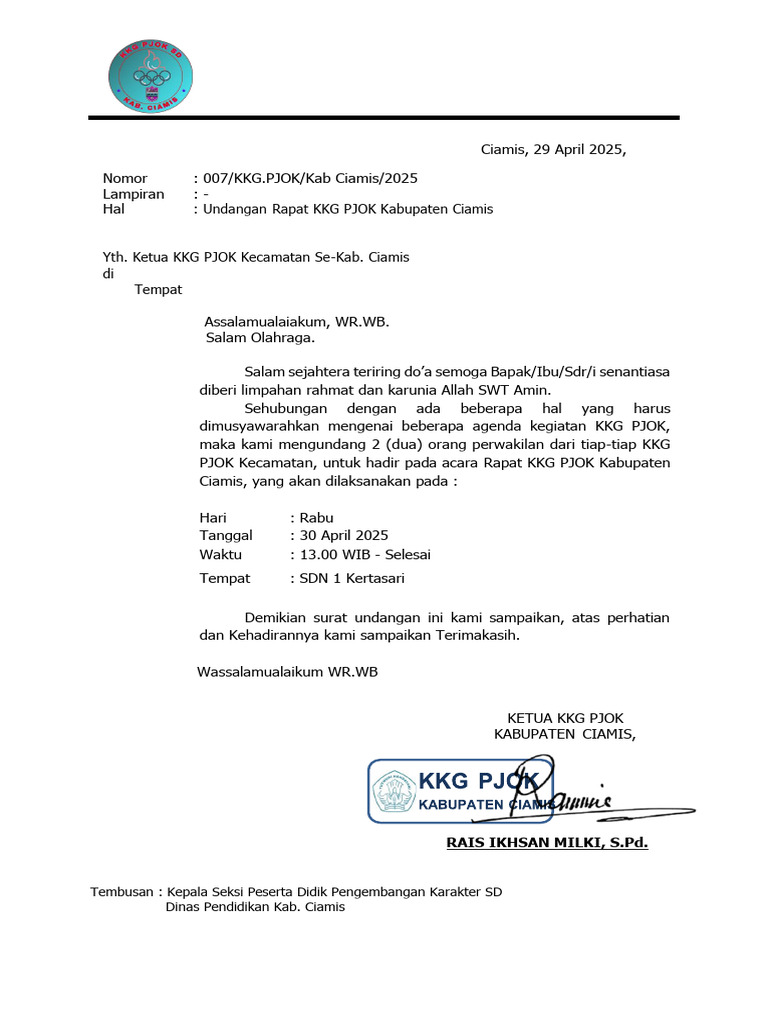 007. UNDANGAN RAPAT KKG PJOK KAB. CIAMIS | PDF