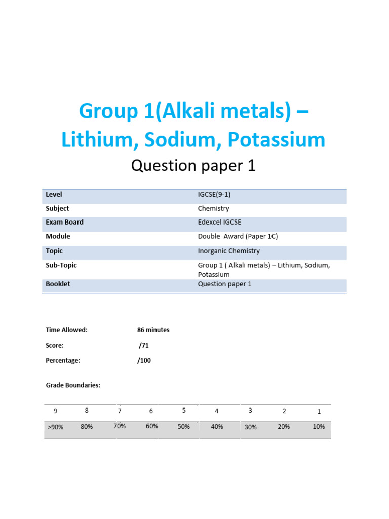 IGCSE Chemistry: Group 1 Metals Exam | PDF | Precipitation (Chemistry ...