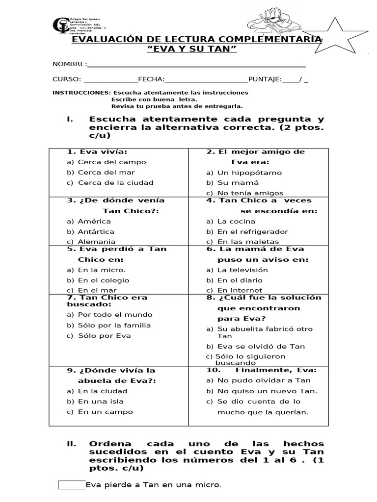 Evaluacion de Lenguaje Lectura Complementaria Eva y Su Tan | PDF