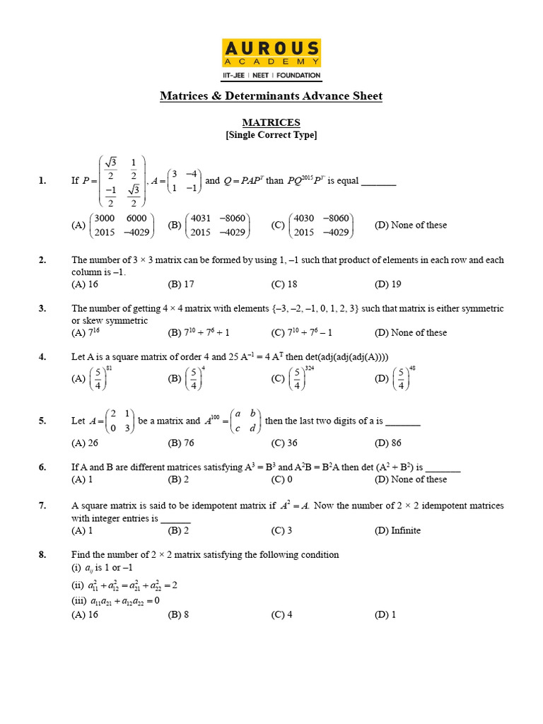 Advanced Matrices and Determinants Quiz | PDF | Determinant | Matrix ...