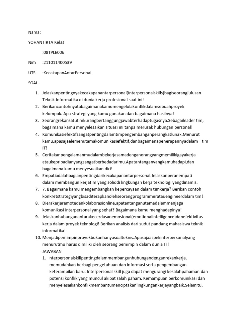 UTS Kecakapan Antar Personal - YOHAN TIRTA - 21011400539 | PDF