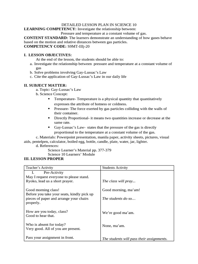 A Detailed-Lesson Pan (Gay-Lussacs Law) | PDF | Gases | Temperature