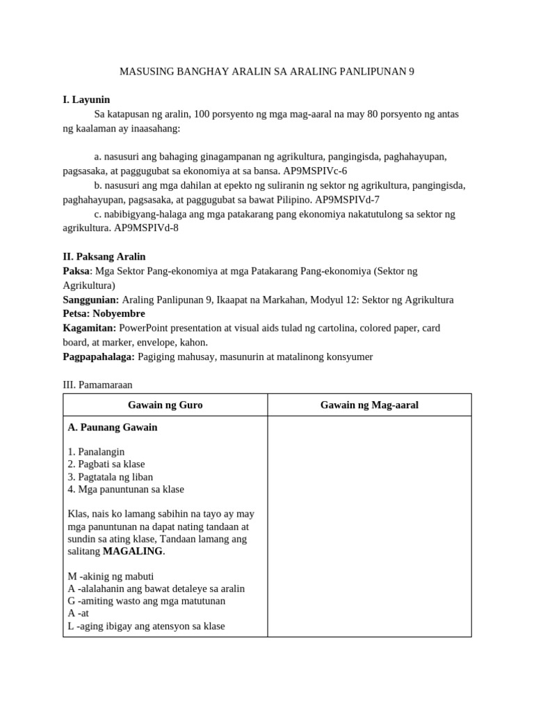 MASUSING BANGHAY ARALIN | PDF