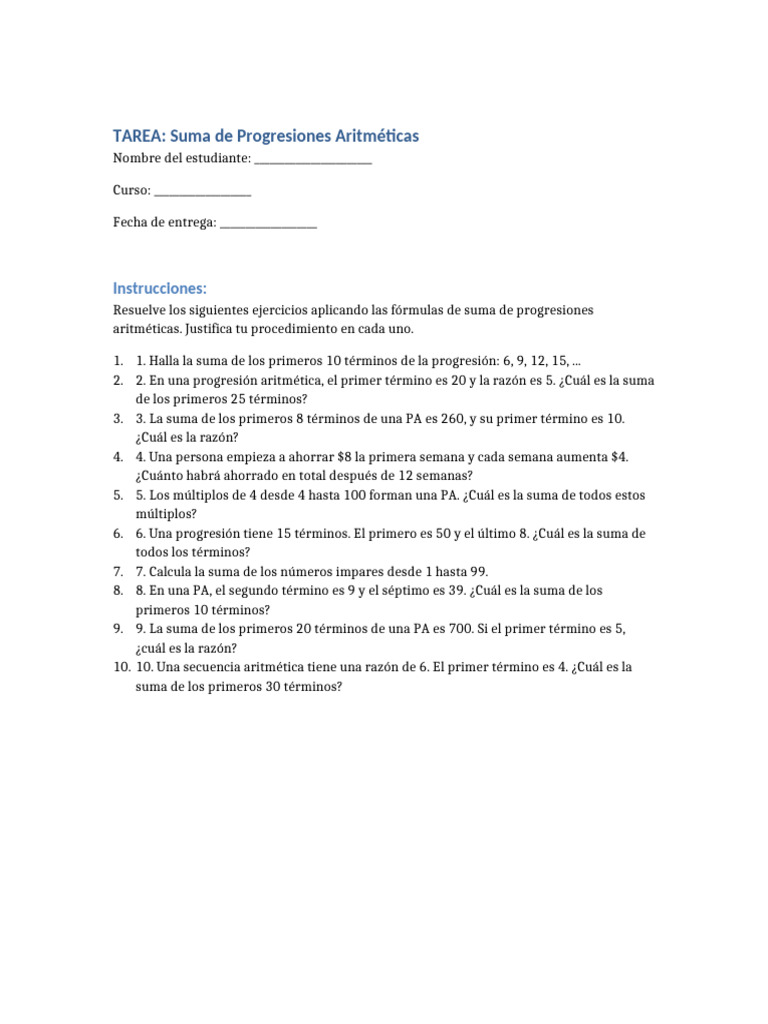 Tarea Suma Progresiones Aritmeticas | PDF