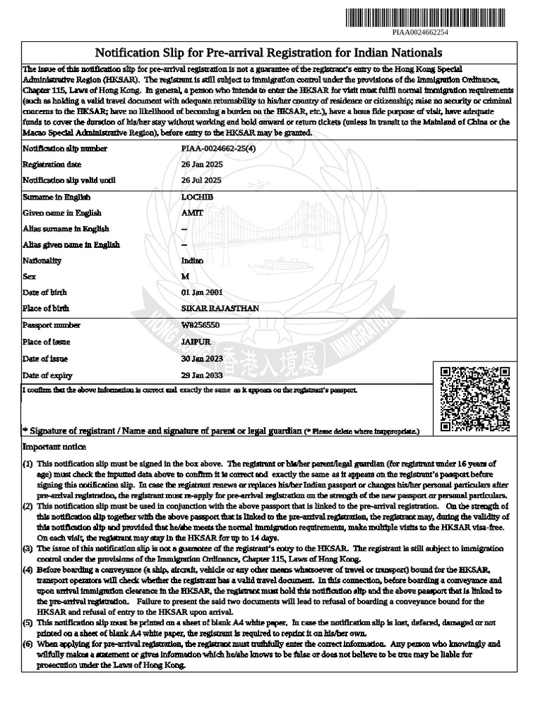 Pre-arrival Registration for Indians | PDF | Passport | Hong Kong