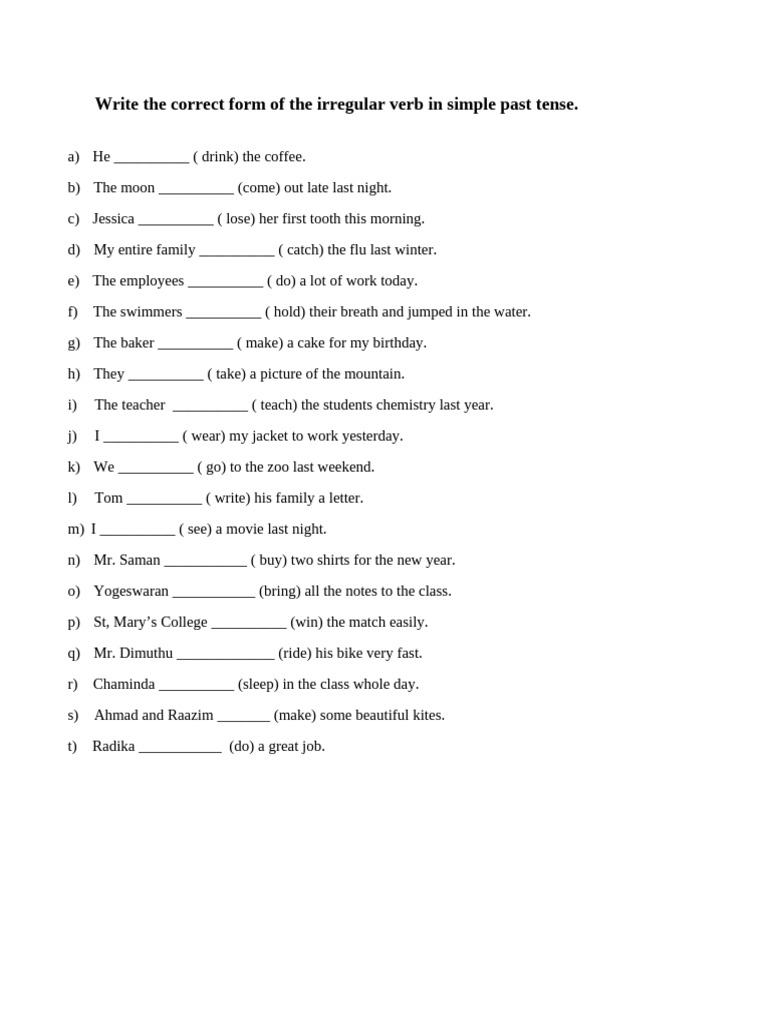 Irregular Verbs Simple Past Exercise | PDF