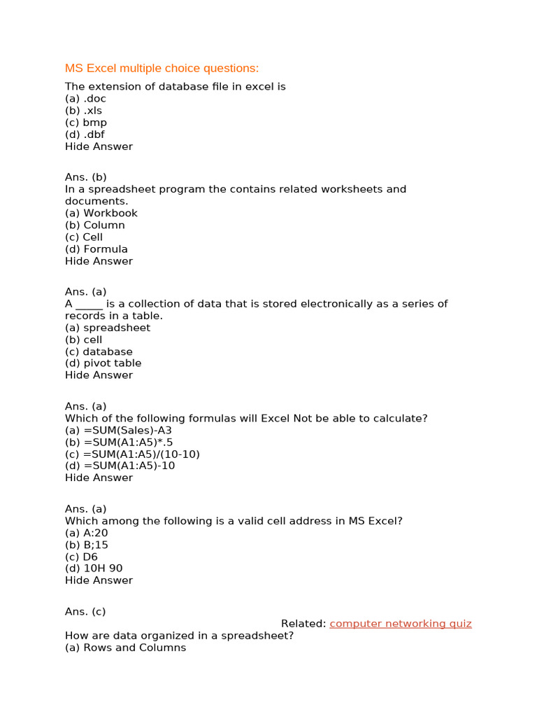 MS Excel Multiple Answer Key | PDF | Spreadsheet | Microsoft Excel