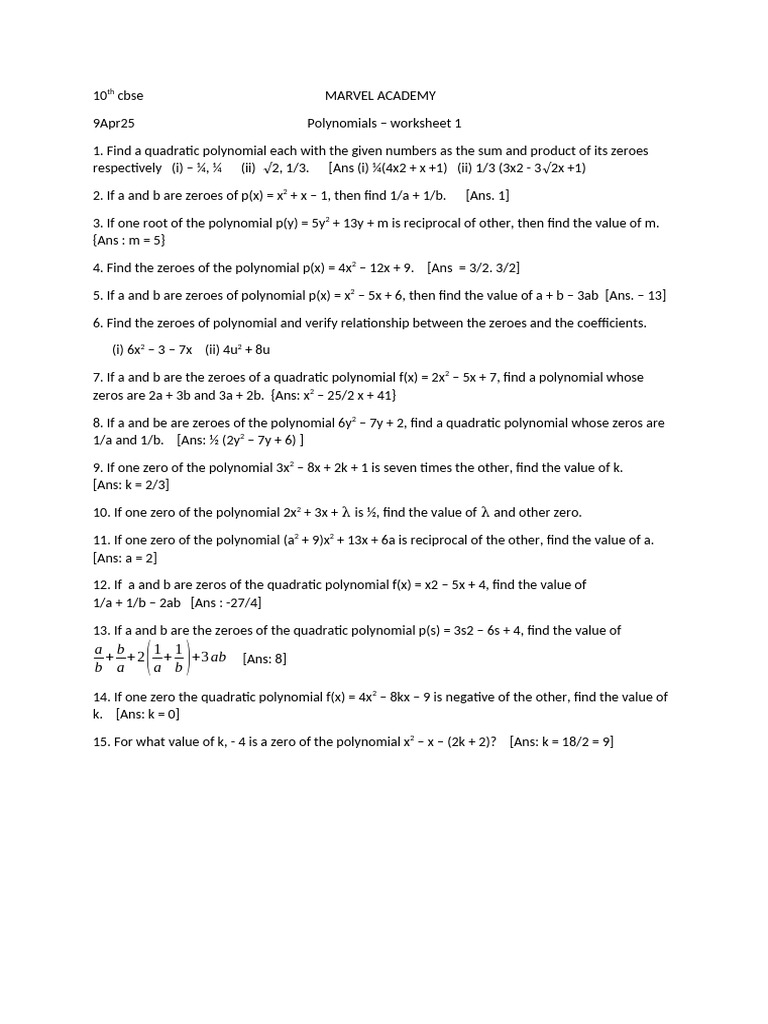 Polynomial Work Sheet - 1 Apr 9 | PDF
