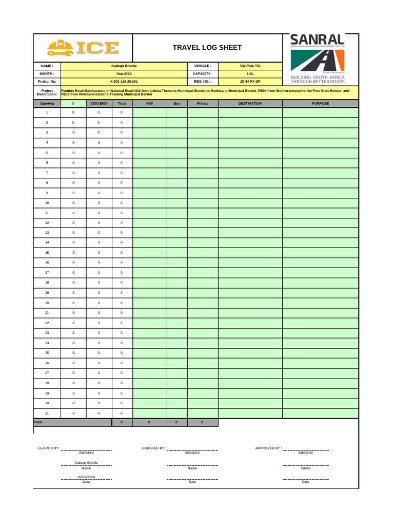N.012 150 2020 1R Logsheet Template | PDF