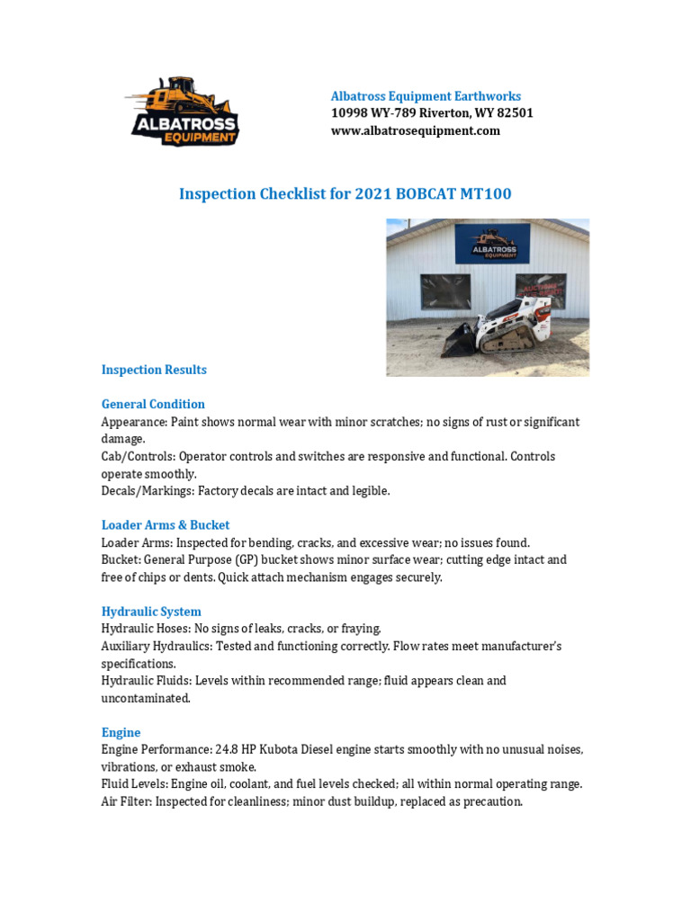 2021 Bobcat mt100 Inspection Checklist | PDF | Engines | Loader (Equipment)