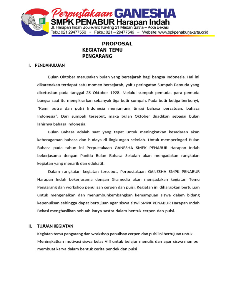 Proposal Kegiatan Temu Pengarang (SMPK Penabur Hi) | PDF