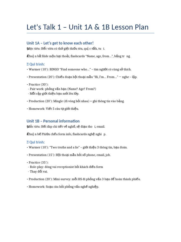 Lets Talk 1 Unit 1A 1B Lesson Plan | PDF