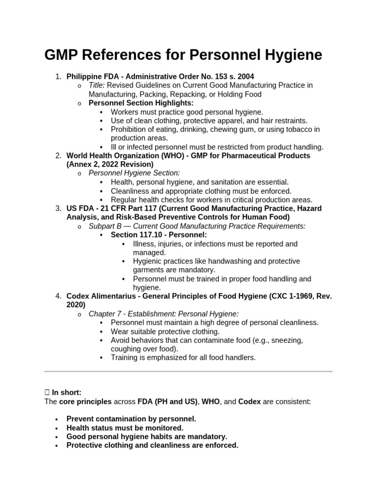 GMP References for Personnel Hygiene | PDF | Hygiene | Food Safety