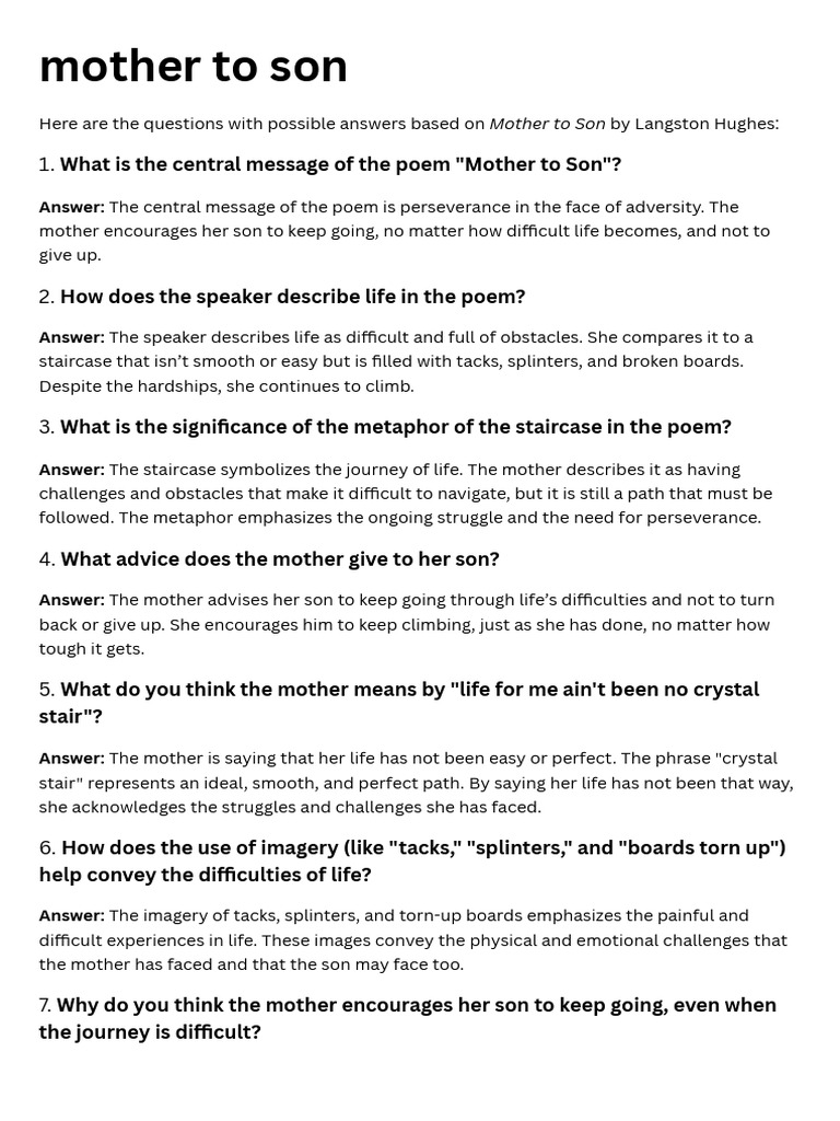 Insights on "Mother to Son" Poem | PDF