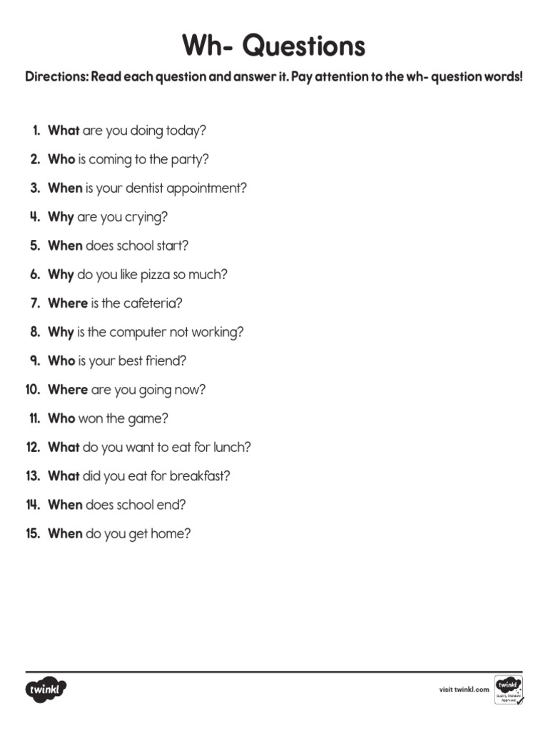 Answers Second Grade WH - Questions Activity For Elementary - Secondary ...