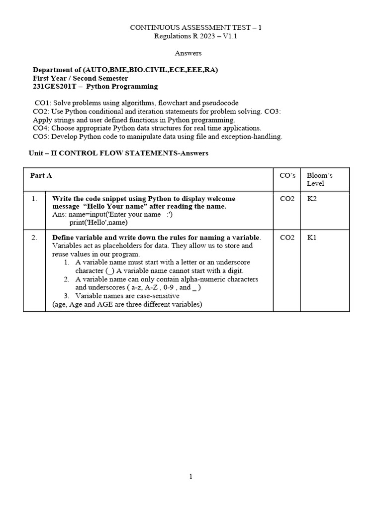 231ges201t Python Answerkey Cat1 (2-3 (Half) ) | PDF | Data Type | Integer (Computer Science)