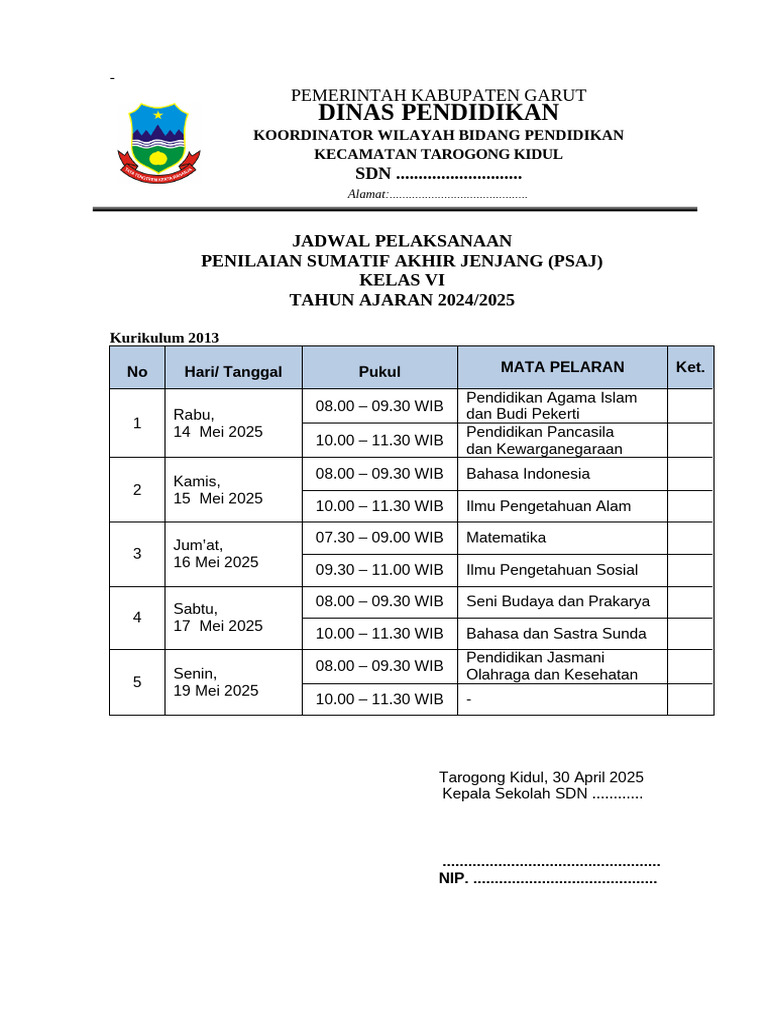 Jadwal Psat Dan Psaj Kelas 6 TP 2024-2025 Sd...... | PDF