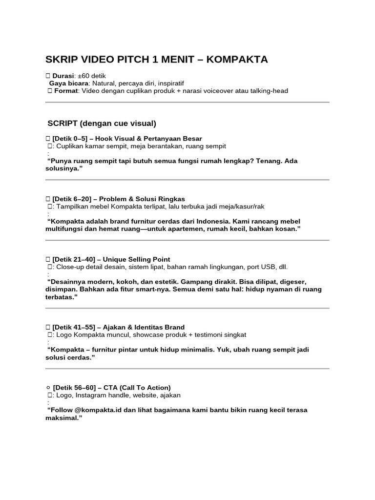 Skrip Video Pitch 1 Menit - Kompakta | PDF