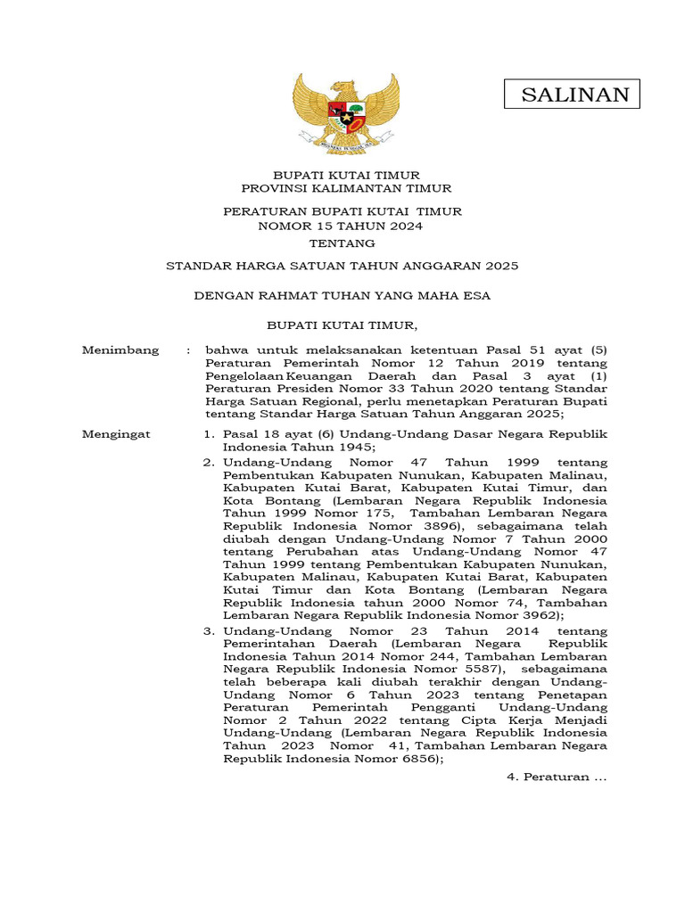 Standar Harga Satuan Ta 2025 Perbub 15 TH 2024 | PDF